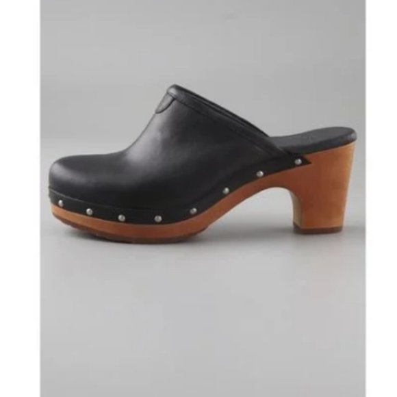 UGG | Shoes | Ugg Abbie Black Leather Wooden Heel Mule Clogs | Poshmark